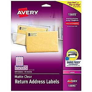 Avery Printable Return Address Labels with Sure Feed, 2/3" x 1-3/4", Matte Clear, 600 Blank Mailing Labels (15695)