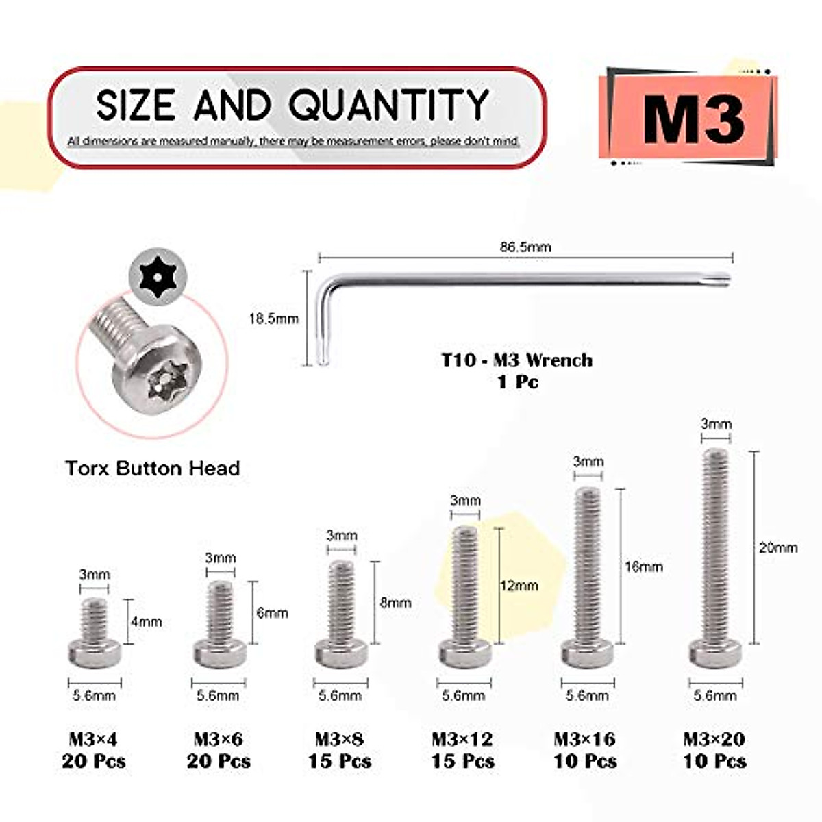 Hilitchi 90Pcs 6Sizes M3 Button Head Torx Security Screws Stainless Steel Tamper Proof Screws w T10 Bit, M3x4/6/8/12/16/20