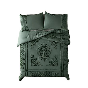 INDACORIFY 3 Piece Floral Tufted Cotton Duvet Cover Set Queen Size Duvet Cover Boho Bedding King Comforter Cover Home Decor Bedding Custom Size (Green, Full 80X90 Inches)