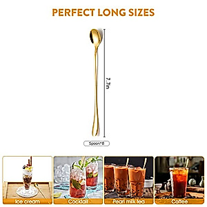 Gold Ice Teaspoons Set of 8 Pieces, 7.7 inch Long Handle Spoon, Stainless Steel Coffee Spoons, Cocktail Mixing Spoons, Mirror Polished Bar Spoon