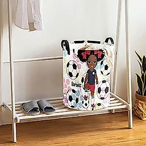 Personalized Laundry Baskets Bin, Afro Sport Black Girl Soccer Laundry Hamper with Handles, Collapsible Waterproof Clothes Hamper, Laundry Bin, Clothes Toys Storage Basket for Bedroom, Bathroom, College Dorm 50L