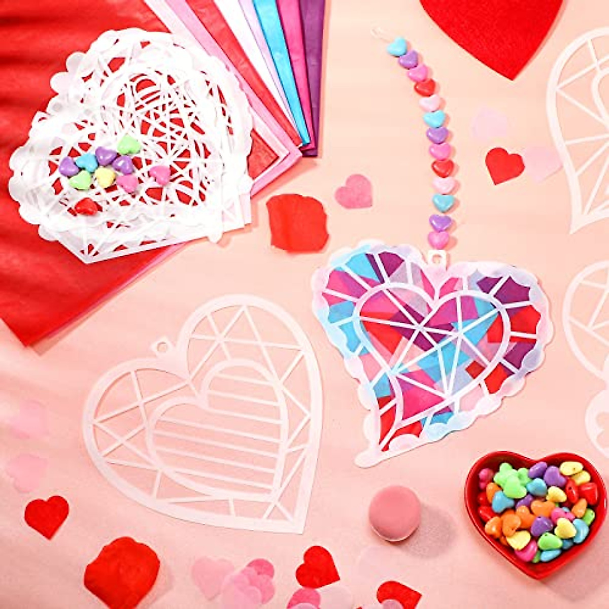 24 Pieces Valentine's Day Suncatcher Craft Kit, Tissue Paper Heart Suncatcher Craft Valentine's Day Window Art Kit with 18 Tissue Paper for Valentine's Day Mother's Day Craft DIY Spring Party Favor