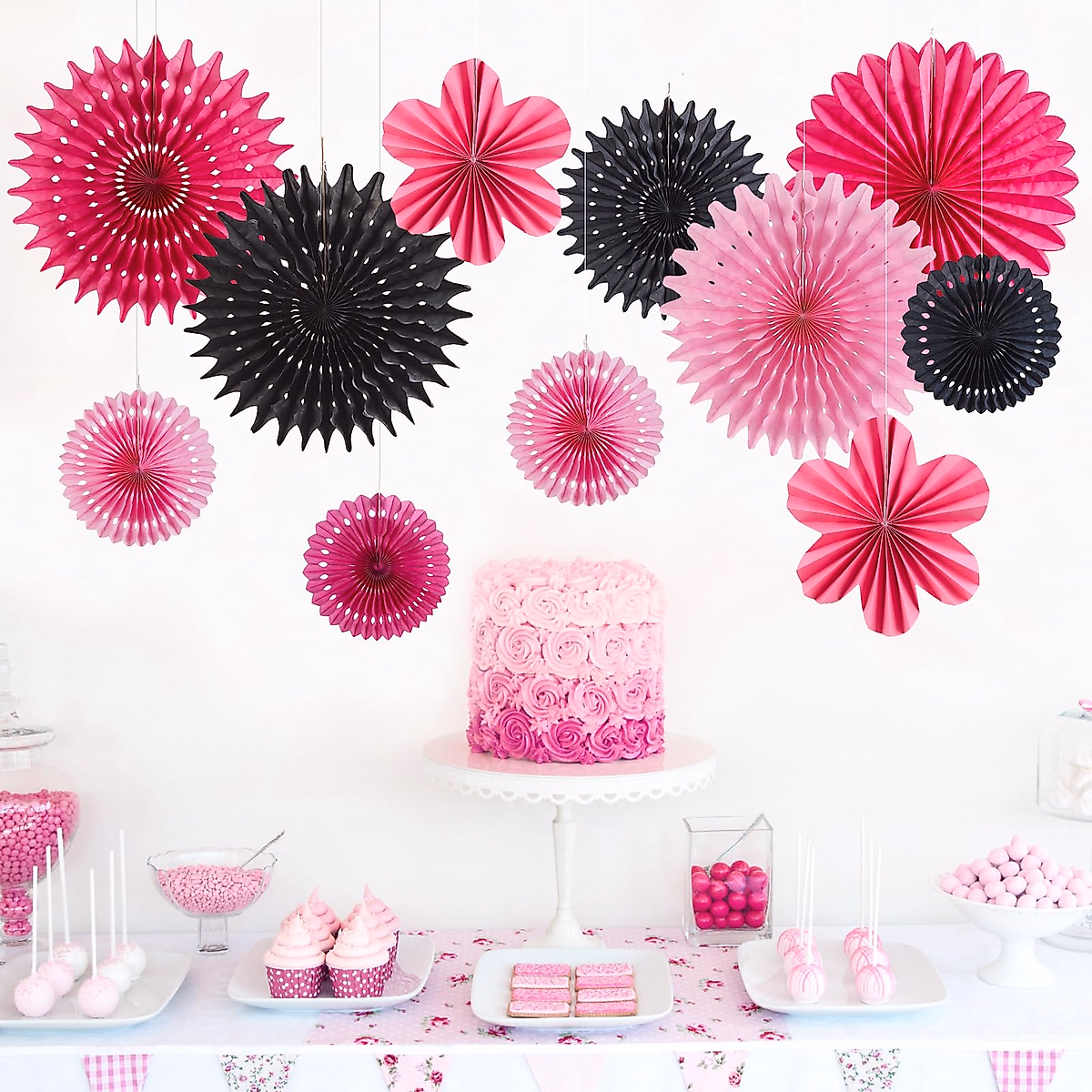 Balun Admhail 11PCS Hanging Paper Fans Decorations Pink Black Birthday Party Decorations for Girls Sweet 16 18 21st Paris Birthday Bridal Shower Wedding Bachelorette Galentine's Party Decor Supplies