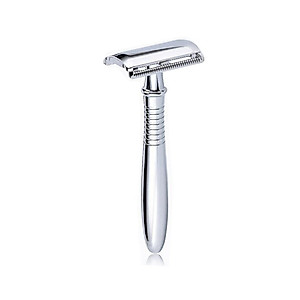 Heavy Duty Chrome Double Edge Safety Razor & Base Stand Long Handle Lengthen Version w/ 10 Platinum Super Sharp Blades + Mini Cleaning Brush & Pouch Manual Wet Shaving Gift Set for Men & Women