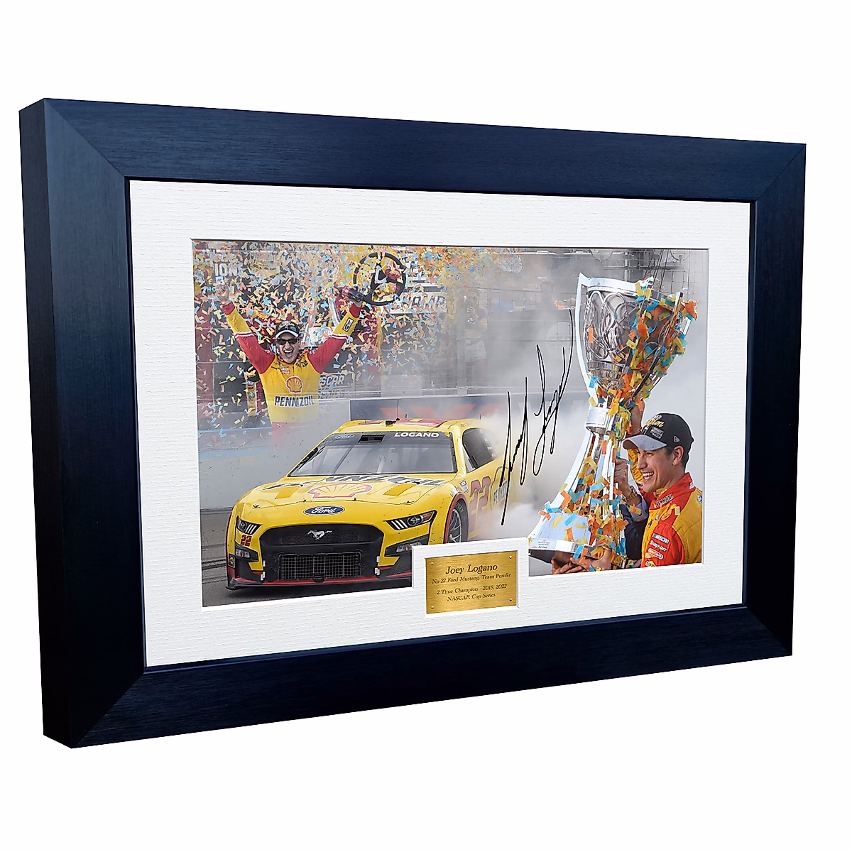 Kitbags & Lockers '2 TIMES CHAMPION' 2018 2022 Joey Logano NASCAR Cup Series No22 Ford Mustang Team Penske Triple Autographed Signed 12x8 A4 Photo Photograph Picture Frame Poster Gift