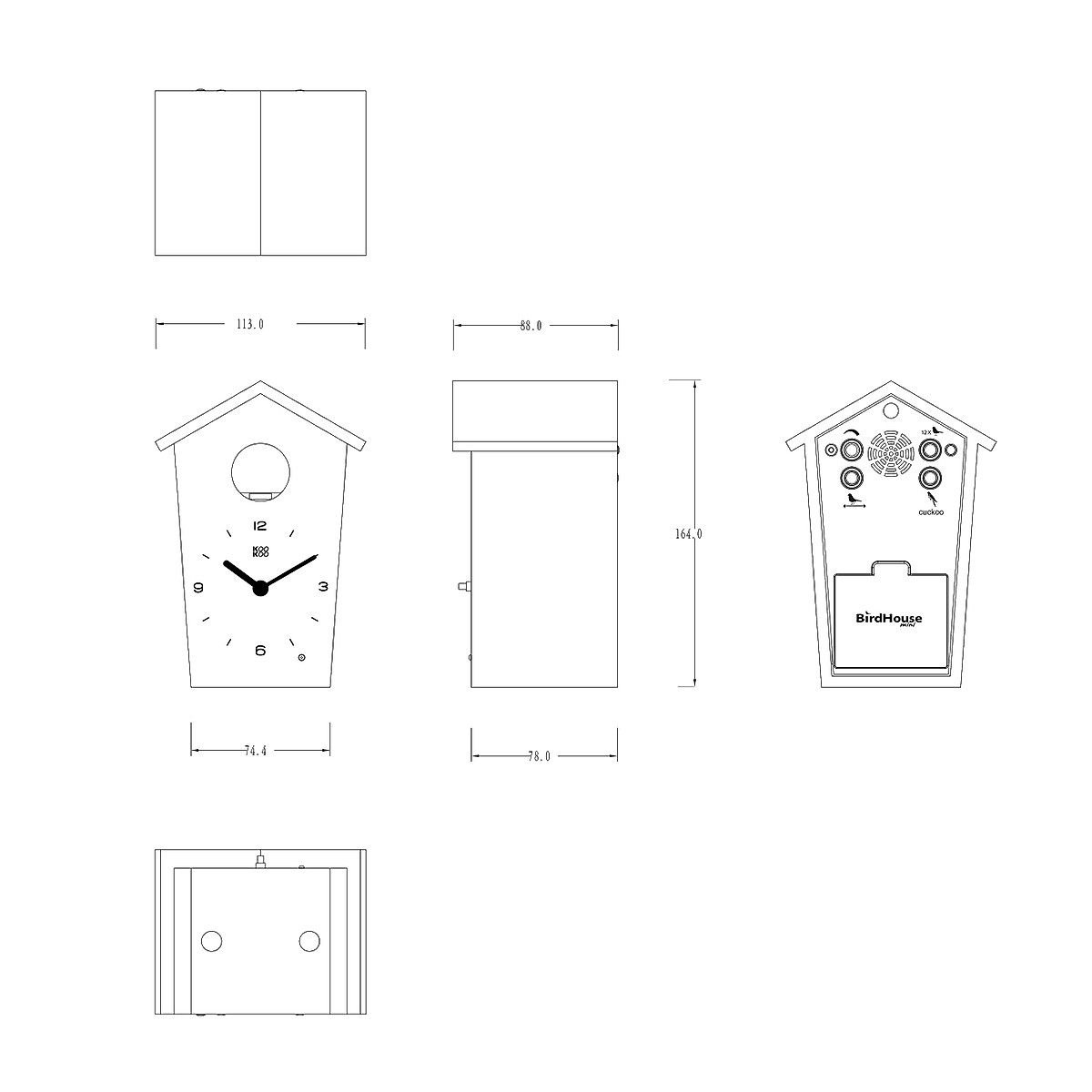 KOOKOO BirdHouse mini black, tiny modern cuckoo clock with 12 natural bird songs or cuckoo call