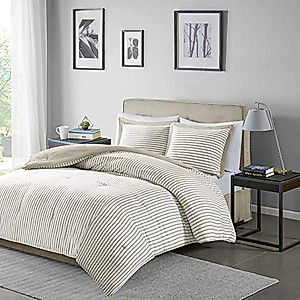 Madison Park Essentials Hayden Comforter, Yarn Dyed Stripe Pattern, Solid on The Reverse Modern All Season Down Alternative Bed Set with Matching Sham, Full/Queen, Tan 3 Piece