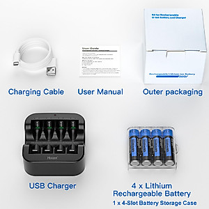Hixon Rechargeable AA Batteries with Charger, 3500mWh AA Rechargeable Batteries,1.5V Constant Output,1600 Cycles Rechargeable Lithium AA Batteries,Max 3A Current,for Home&Office Use[4xAA+1xCharger]