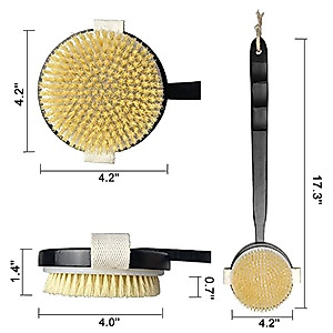 OWIIZI Black Bath Brush Wooden Curved Long Handle Body Brush for Exfoliating, Large Surface Natural Soft Bristle Shower Scrubber for Back Use Wet or Dry