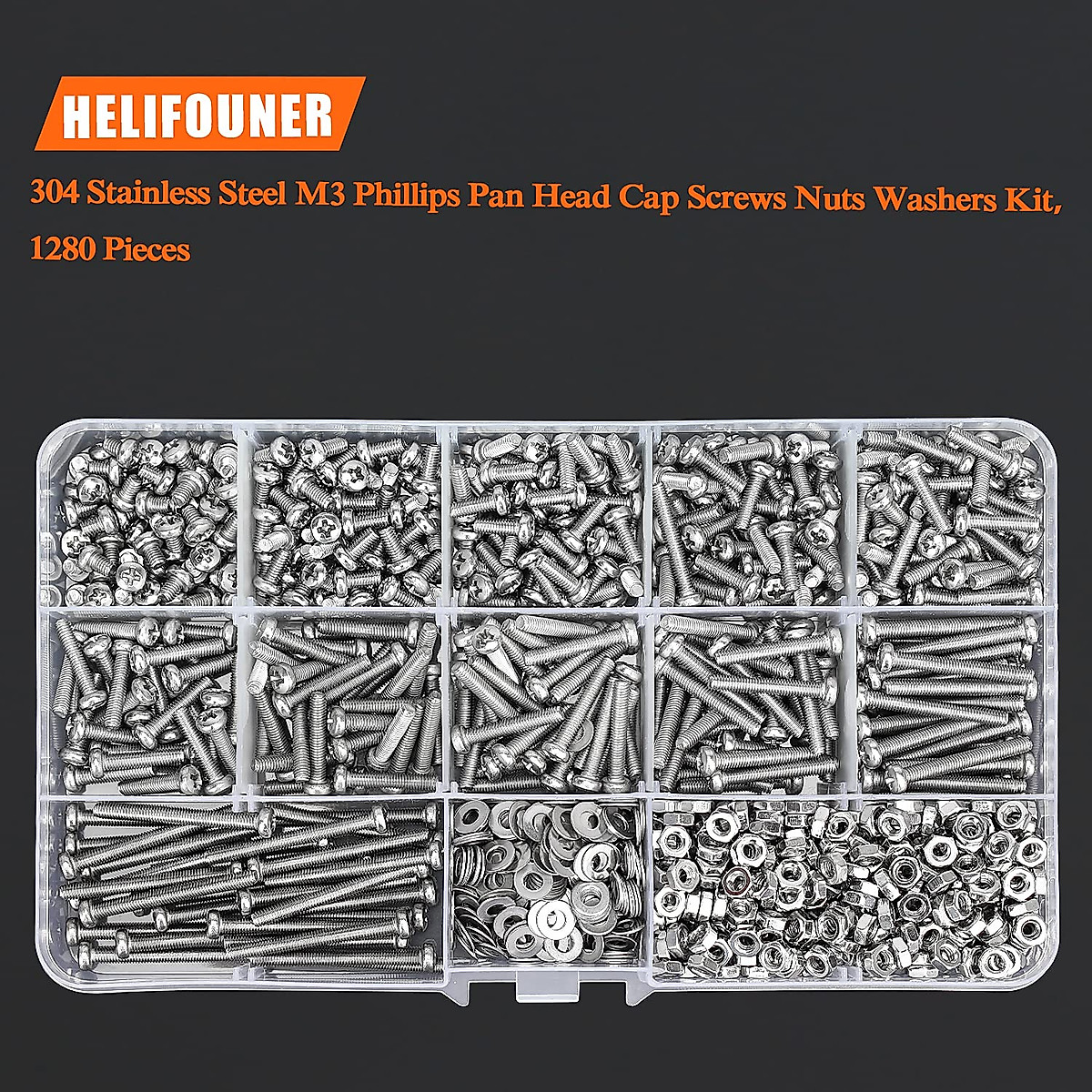 HELIFOUNER 1280 Pieces M3 x 4mm /6mm /8mm /10mm /12mm /14mm /16mm /18mm /20mm /25mm / 30mm, Phillips Pan Head Machine Screws, Metric Screws Bolts Washers Nuts Kit, 304 Stainless Steel
