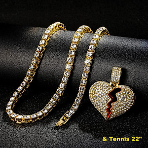 HH BLING EMPIRE Iced Out Broken Heart Chain Necklace for Men Women, Silver Gold Heart Pendant with Rope | Tennis | Cuban Link Chains, Hip Hop Rapper Chain Necklaces (Gold Heart A & Rope)