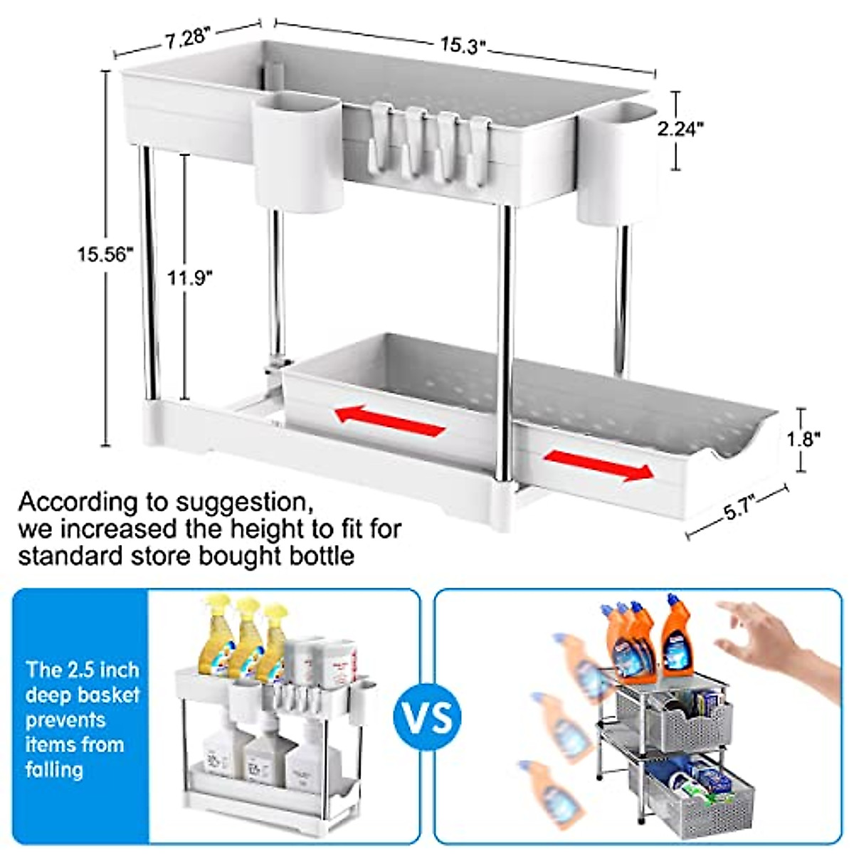 2 Pack Under Sink Organizers and Storage Pull Out Drawers,2 Tier Sliding Under Cabinet Organizer, Bathroom Organizer Under Kitchen Sink Storage, Under Sink Shelf Baskets with 4 Cups 8 Hooks.White…