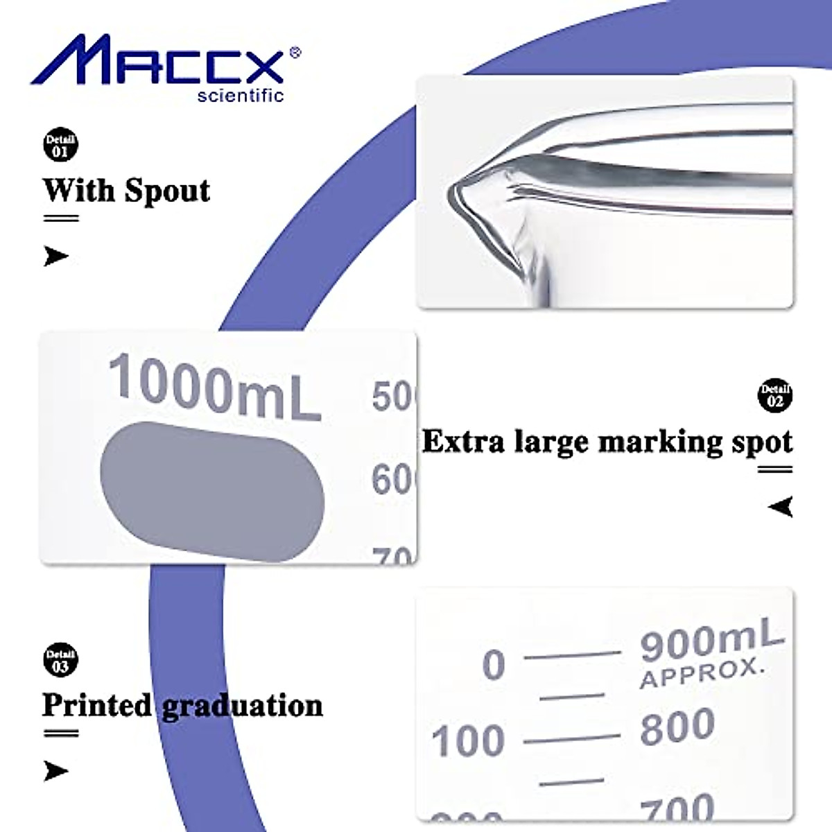 Maccx 8.5oz(250ml) Sturdy Glass Beaker, Heavy-Duty Lab Beaker Set, 3.3 Borosilicate Griffin Low Form with Printed Graduation, Pack of 6, BKL250-006