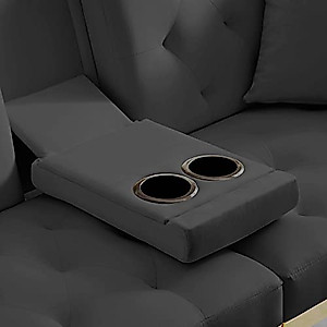 Futon Sofa Bed with Cup Holder, JEEOHEY 69" W Convertible Sleeper Sofa with 6 Metal Golden Legs & 2 Pillows & 2 Pockets, Small Loveseat Sofa w/Split back for Living Room, Apartment, Small Space, Black