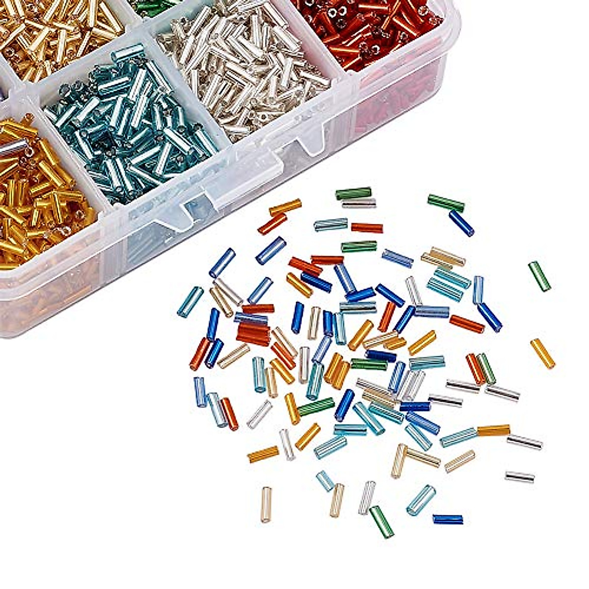 Pandahall 8 Colors Silver Lined Glass Bugle Seed Beads 6x1.8mm Tube Loose Spacer Beads Hole: 0.6mm for DIY Jewelry Making