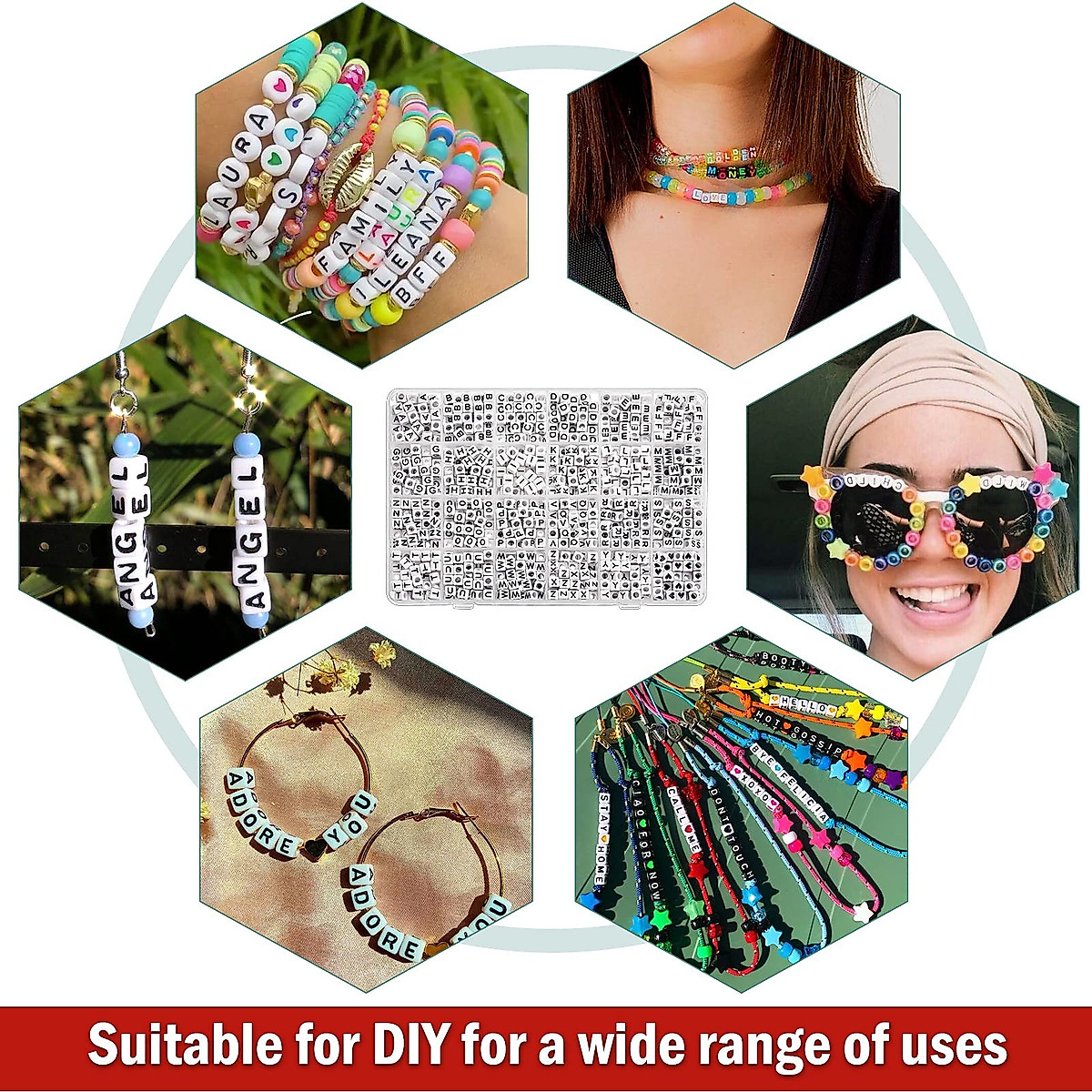 Heflashor 1900pcs Letter Beads for Bracelets 9 Color Acrylic Cube Square Alphabet Number Beads A-Z and Heart Beads with 1 Roll Elastic Crystal String Cord for Jewelry Making/Necklaces,6 X 6mm