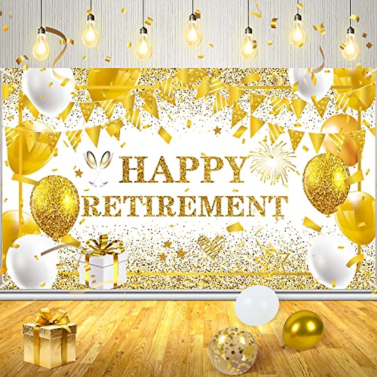 Gold and White Retirement Party Decorations for Men Women Extra Large White Gold Happy Retirement Banner Photo Booth Backdrop Background for Retirement Farewell Party Supplies