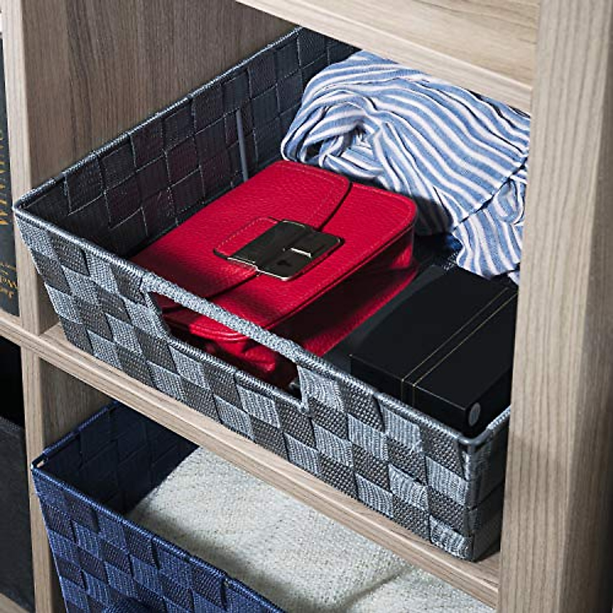 Home Basics Basket Non-Woven Strap BIN Gray LRG, Large, Grey