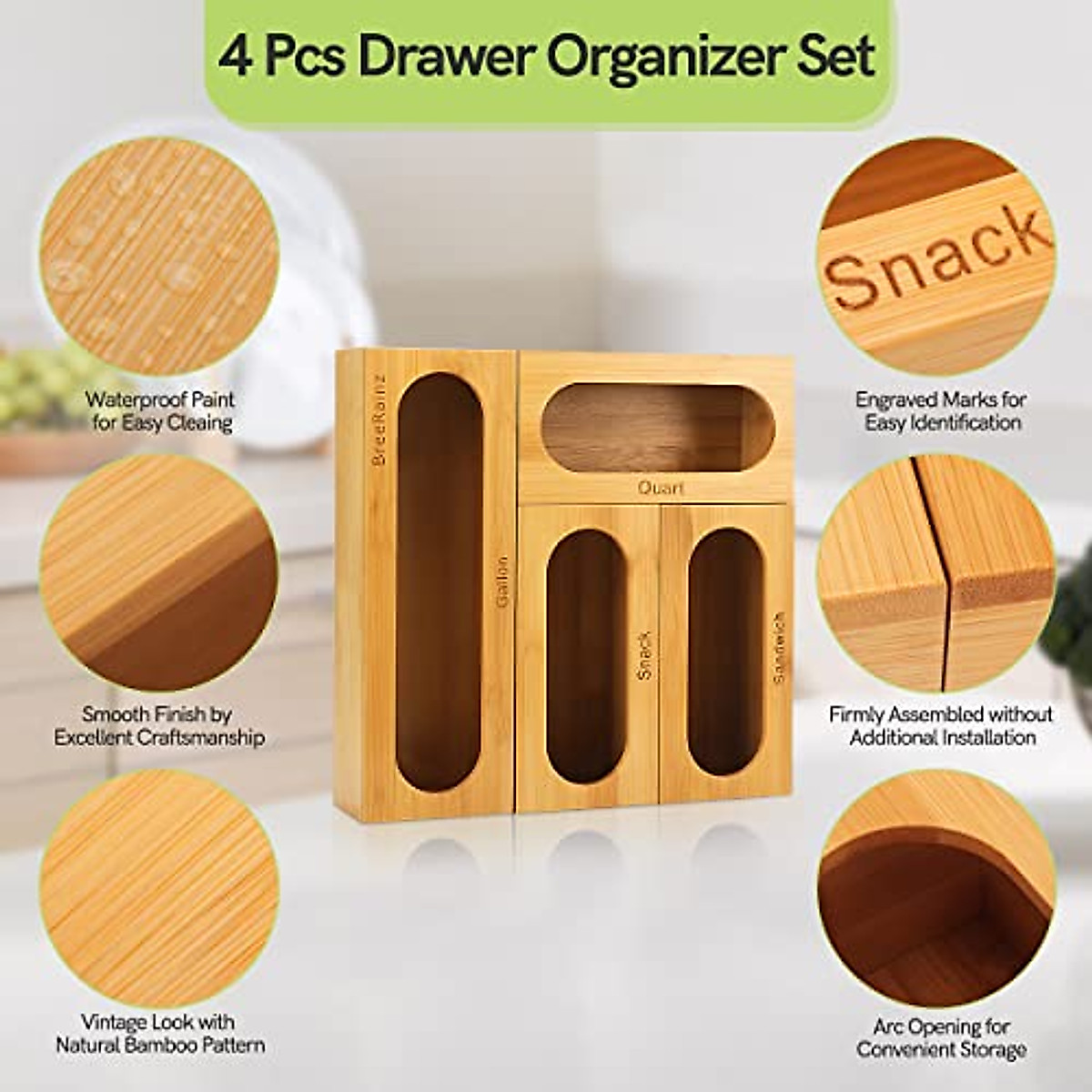 Bamboo Ziplock Bag Organizer for Drawer, BreeRainz Zip Lock Sandwich Bag Organizer, Food Storage Bag Organizer Combo for Quart Slider Gallon Snack Sizes