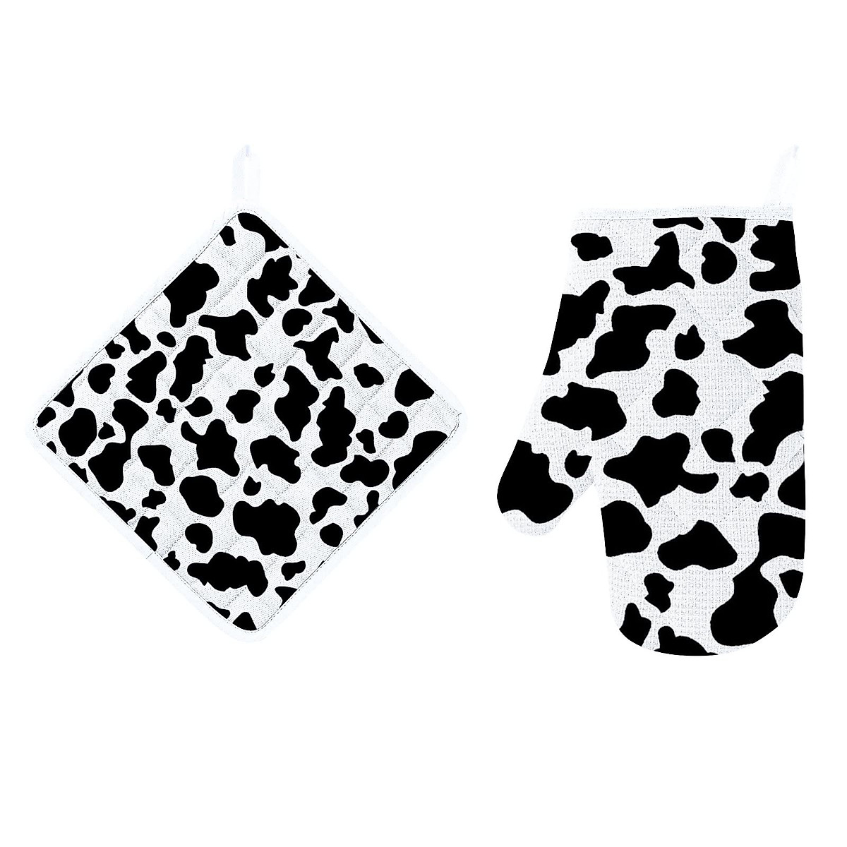 Kitchen Oven Gloves Mats Heat Resistant Potholders Sets 1 Oven Mitts and 1 Cow Pattern Print Pot Holders for Cooking,BBQ,2 Piece