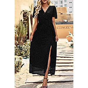 PRETTYGARDEN Women's Summer Maxi Glitter Dress Wrap V Neck Ruffle Sleeve Cocktail Party Long Dresses with Slit (Black,Small)