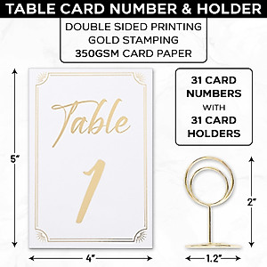 Gold Table Numbers 1-30 with Head Table Card & Table Number Holders - Elegant 4 x 6 Inch Place Seating Sign with Highly Visible Numbers for Wedding Reception, Restaurant, Anniversary, Birthday Party