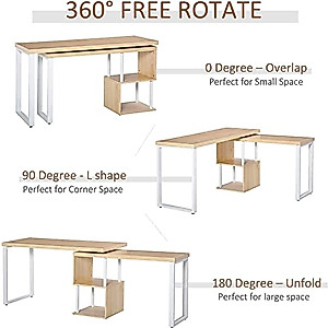 Royal Wood 55" 360° Rotating L-Shaped Home Office Computer Desk, Rotating Corner Desk with Storage Shelves, Left or Right Side Combo Table, Study Writing Desk Two Workstations, Oak