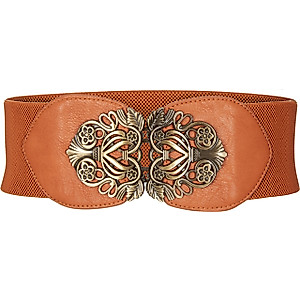 BlackButterfly 3 Inch Wide Waspie Elastic Vintage Buckle Waist Belt (Brown, US 10-12)