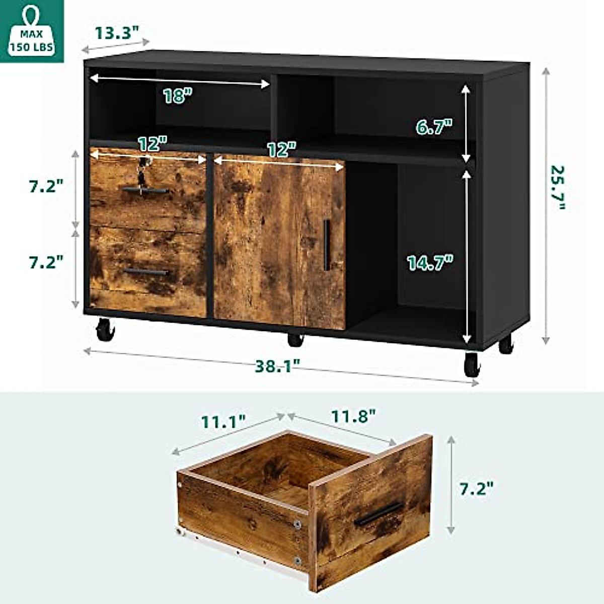 YITAHOME Wood File Cabinet, Mobile Filing Cabinet 2-Drawer Lateral File Cabinet for Letter, Legal, A4 Size, Printer Stand with Open Storage Shelves for Home Office,Black and Rustic Brown