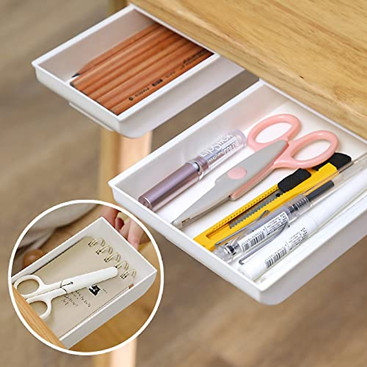 2 Pcs Under Desk Storage Drawers, Undermount Drawer Small Desk Organizer Stick On Desk Drawer Attachment, Hidden Plastic Storage Under Shelf Pull Out Drawers Trays for Office School Home S & L