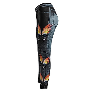 MAYW Stretchy Comfy Seamless Skinny Denim Print Fake Jeans,Women's Denim Print Fake Jeans Seamless Full Length Leggings,Casual High Waist Flower Printed that Look Like Jeans for Women,black,XX-Large