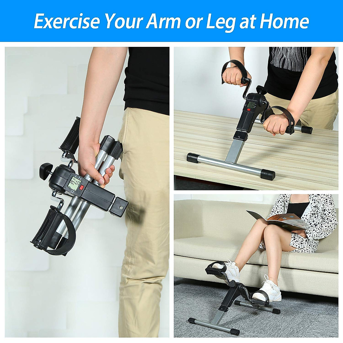 Folding Pedal Exerciser, Under Desk Bike Pedal Exerciser for Arm/Leg Workout, Portable Exercise Peddler with Electronic LCD Display (Black)