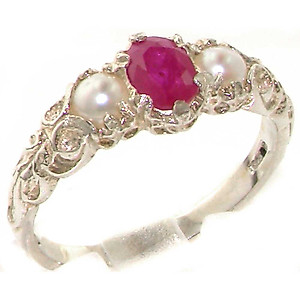 LetsBuyGold 925 Sterling Silver Real Genuine Ruby and Cultured Pearl Womens Band Ring - Size 10