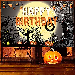 Famoby Happy Birthday Halloween Theme Fabric Sign Poster Banner Backdrop Halloween Pumpkin,Ghouls, bat,spide for Brithday Photo Booth Background Party Decoration
