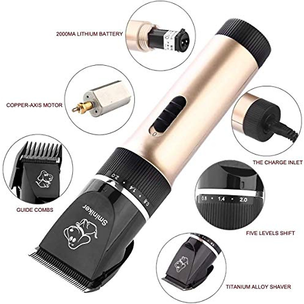 Sminiker Professional Low Noise Rechargeable Cordless Cat Dog Horse Clippers Professional Pet Clippers Grooming Kit,animal clippers Pet Grooming Kit(Gold)