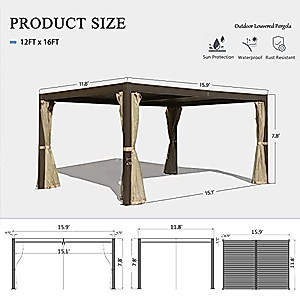 Domi Outdoor Living 12’ x 16’ Louvered Pergola with Adjustable Steel Roof, Outdoor Aluminum Frame Rainproof Pergola for Backyard, Garden and Lawn w/Netting (Dark Brown)