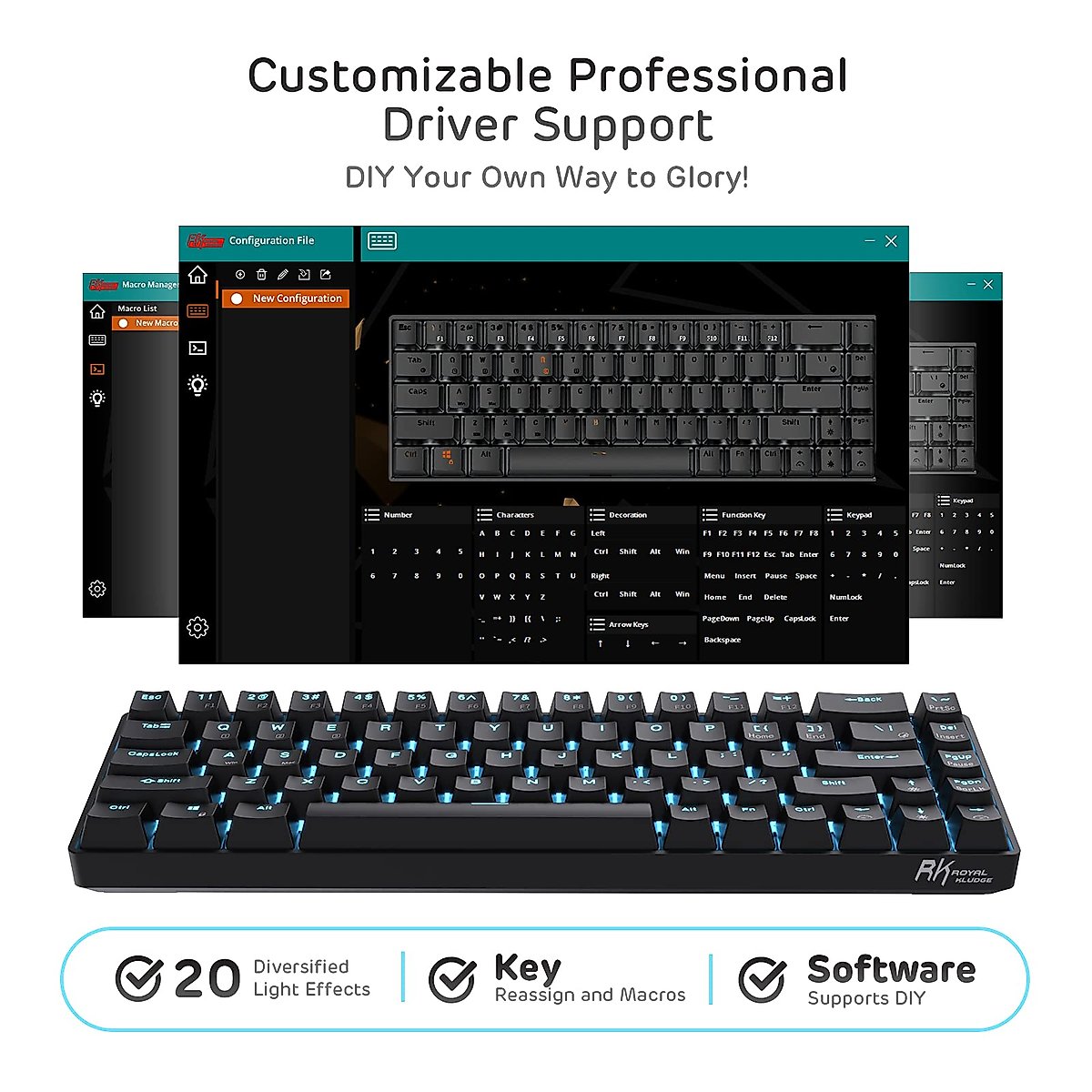 RK ROYAL KLUDGE RK68 Wireless Hot Swappable 65% Mechanical Keyboard, 68 Keys Compact BT5.0 Gaming Keyboard with Stand-Alone Arrow/Control Keys, Black, Quiet Red Switch