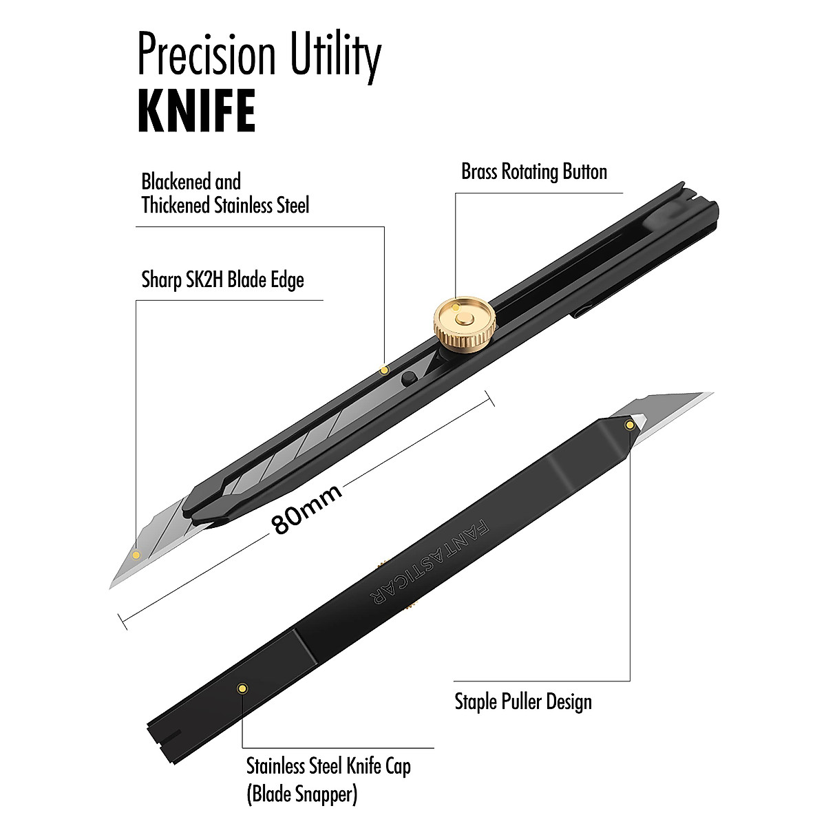 FantastiCAR 2-Pack Snap-Off Retractable Utility Knife, with Brass Dial Wheel Manual-Lock for Precision Trimming Cutting Jobs (60 Degree and 30 Degree Blade)