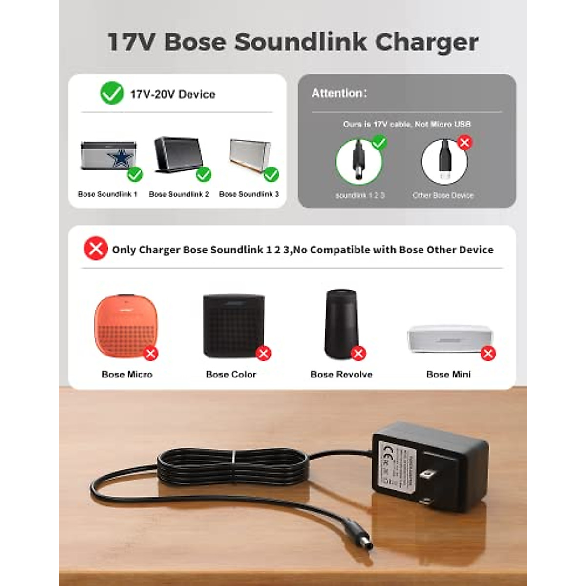 for Bose Soundlink I II III 1 2 3 Charger Bluetooth Speaker Power Cord Replacement 17V-20V Bose Soundlink Portable Wireless Speaker P/N: 306386-101, 369946-1300, 301141, 404600, 414255, S024RU1700100