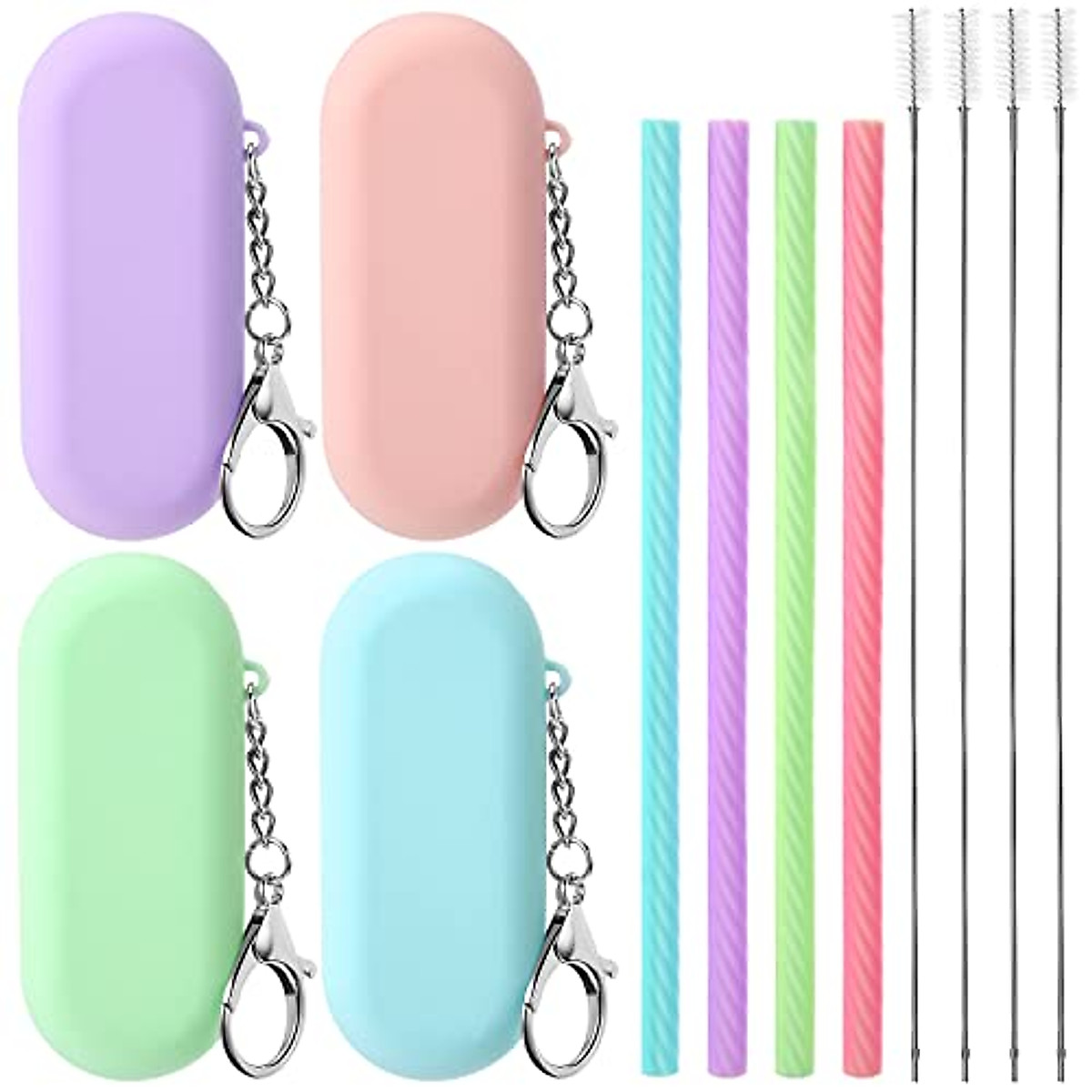 4 Set Silicone Straws with Case Reusable Straws Silicone Foldable Portable Drinking Straw Set for Party Travel Cold or Hot Straw with 4 Carry Case, 4 Cleaning Brushes 7 5/7 Inch Long (Classic Color)