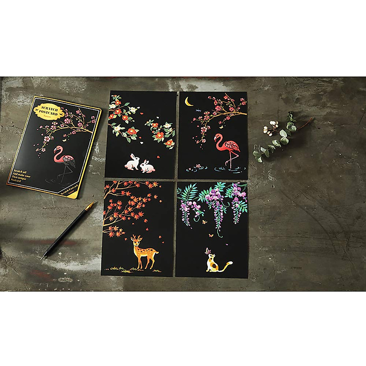 Scratch Paper Art Set, 8 Sheets Rainbow Painting Scratch Off Art Cherry Blossom & Animal Mini Postcard, Art Craft Supplies for Adults Girls & Boys Thanksgiving Christmas Birthday Party Game Gift