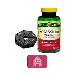 Spring Valley Potassium 99 mg, Caplets for Heart, Nerve & Muscle Function, 250 Count + Weekly Pill Organizer, Portable Travel Pill Box Dispenser Medicine case (Seven Day) by STS. Home