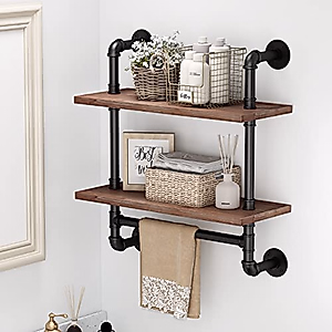 Industrial Bathroom Shelves Rustic Wood Shelves with Towel Bar 24" Farmhouse Shelf for Wall Pipe Shelving-2 Layer
