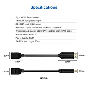 Wiistar HDMI Extender Over Cat5e/6 HDMI to RJ45 Extender Ethernet Network Converter Cable Repeater 1080P up to 60m HDMI Transmitter and Receiver for HDTV STB