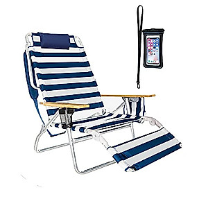 Deluxe 5 pos Lay Flat High Aluminum Beach Chair Lounge Chaise with Foot Rest, Large Storage, Waterproof Cell Pouch