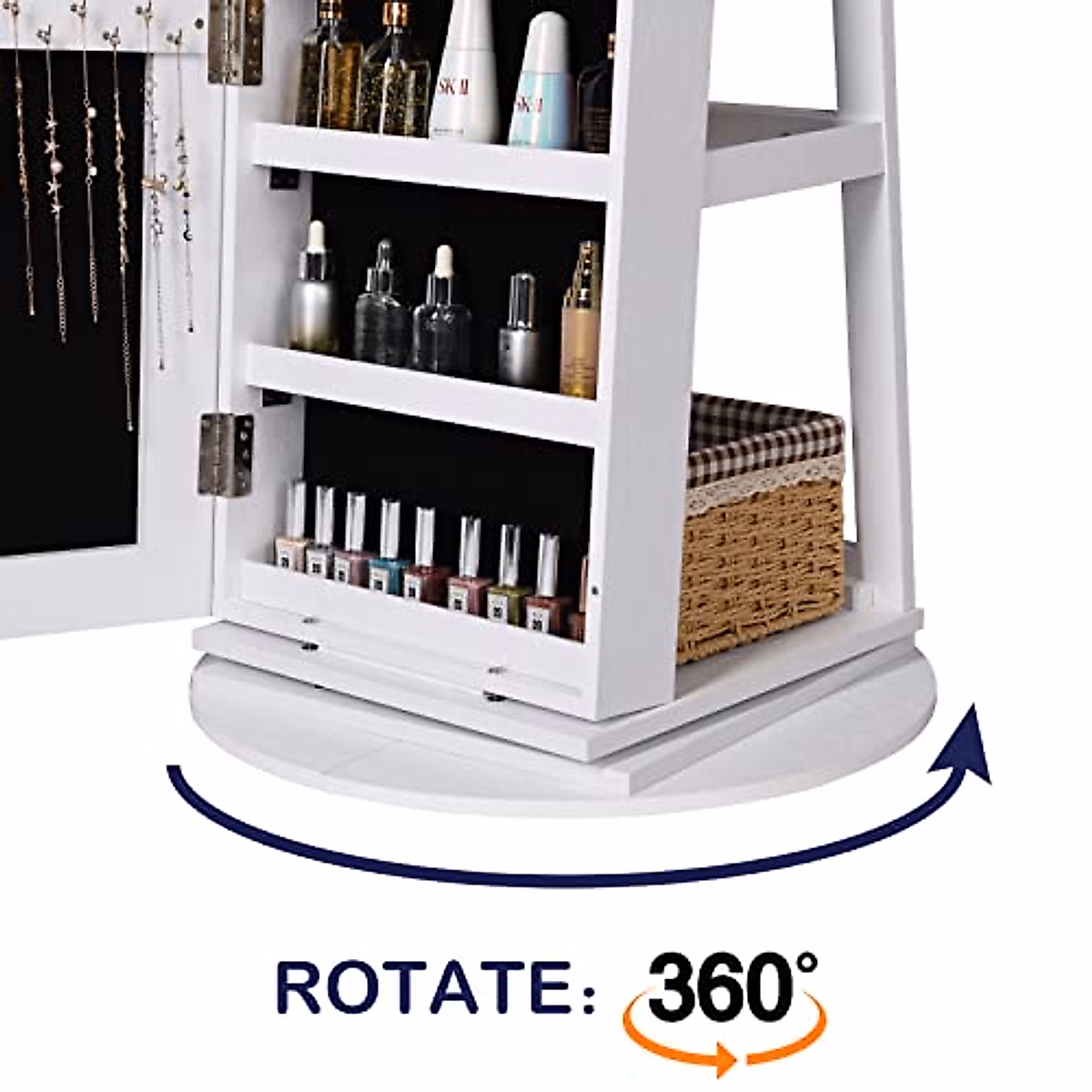 HNEBC LED Light Jewelry Storage Organizer, Armoire with Door Mirror 360° Rotating, Full Length Cabinet, ,Large Jewelry Boxes & Organizers（A White）