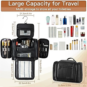 Elviros Travel Hanging Toiletry Bag for Women and Men, Large PU Leather Toiletries Organizer, Water-resistant Bathroom Shaving Kit for Cosmetics, Makeup Case (Extra Large, Black)