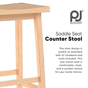 PJ Wood 24 Inch High Easy to Maintain Single A Frame Classic Bar Stool Saddle-Seat with Built in Bars as Footrests, Natural Wood