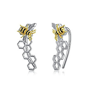 PELOVNY 925 Sterling Silver Bee Earrings Honeycomb Bee Ear Climbers Earrings Jewelry Gifts for Women