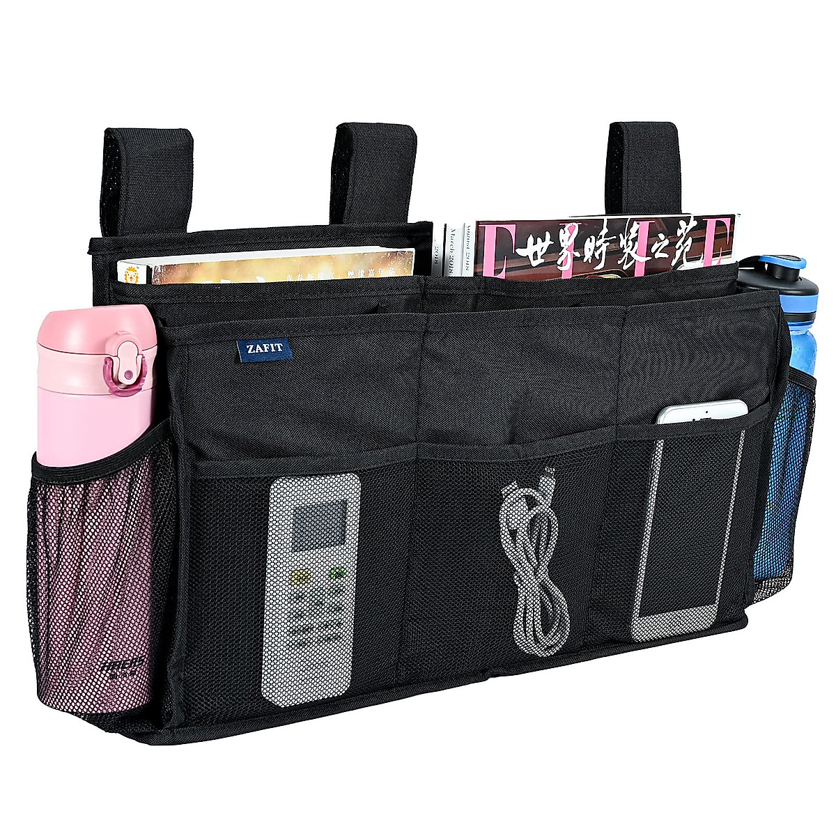 Zafit Bedside Caddy, 10 Pockets Hanging Bed Organizer for Hospital Beds, College Dorm Rooms or Baby Bed (Black)